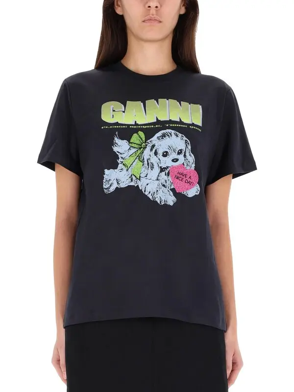 GANNI Printed Relaxed Fit T-shirt - Charcoal