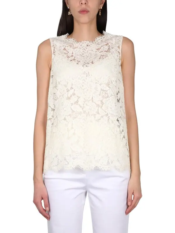 Dolce & Gabbana Logoed Stretch Lace Top - White