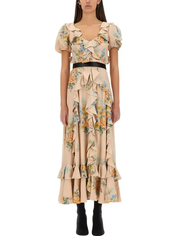 Alexander McQueen Floral Print Silk Dress - Beige
