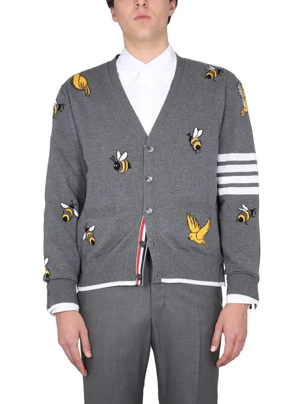 Thom Browne Cardigan With Bird And Bee Inlays - Grey