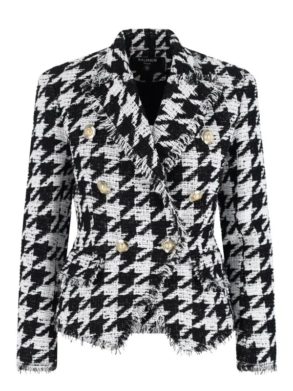 Balmain Double-breasted Houndstooth Tweed Blazer - White