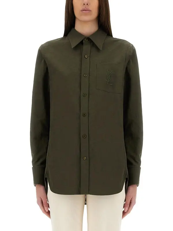Saint Laurent Linen And Cotton "cassandre" Shirt - Green
