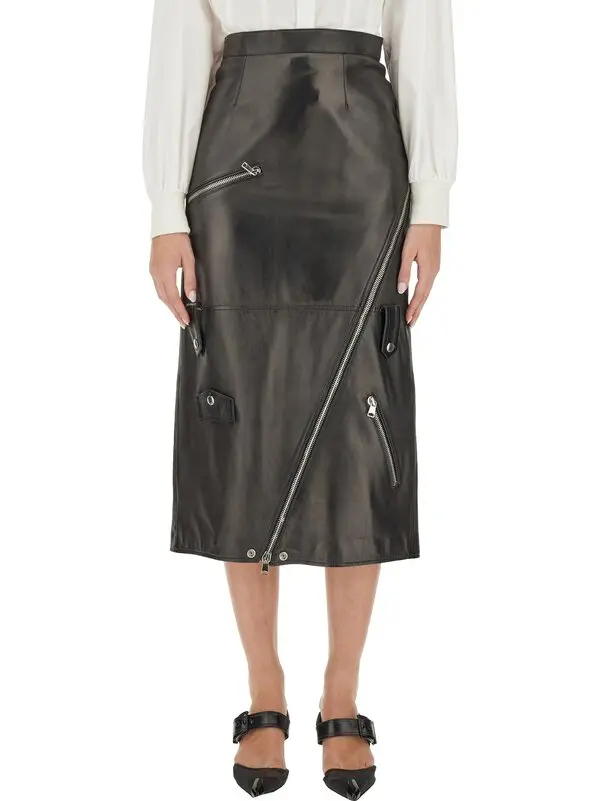 Alexander McQueen Leather Midi Skirt - Black