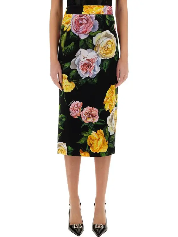 Dolce & Gabbana Peony And Rose Print Charmeuse Longuette Skirt - Multicolour