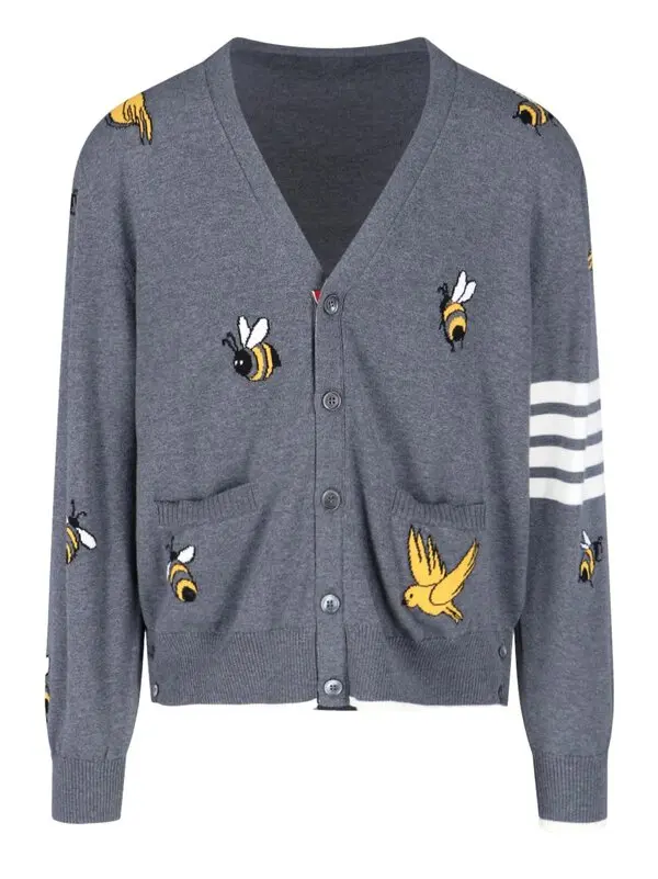 Thom Browne Birds And Bees Merino Wool Cardigan - Gray