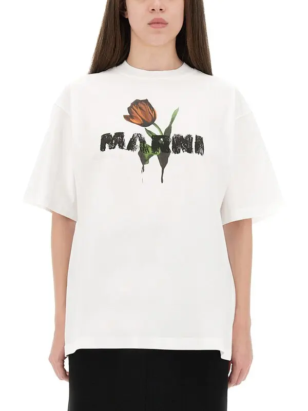 Marni Cotton T-shirt With Tulip Print - White