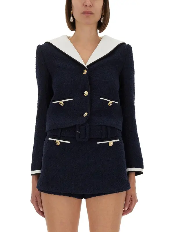 SELF-PORTRAIT Boucle Jacket With Contrasting Neckline - Blue