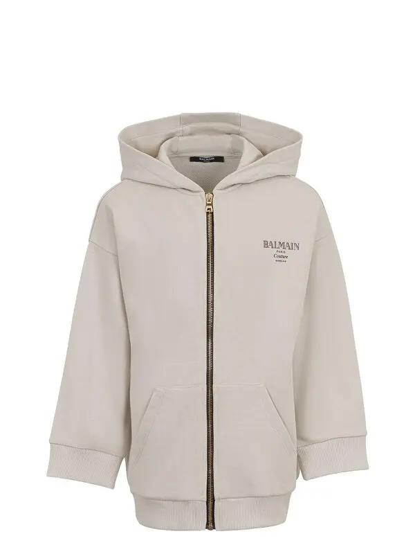 Balmain Hooded Zip-up Sweatshirt - Beige
