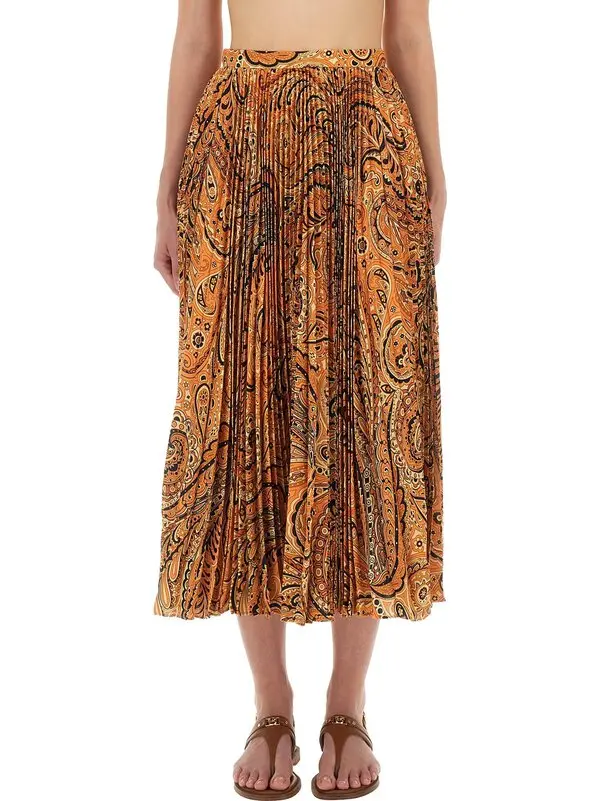 Etro Printed Pleated Sablé Skirt - Orange