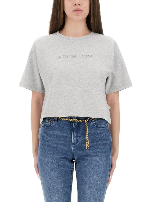 Michael Kors Cropped T-shirt With Embossed Logo - Grey