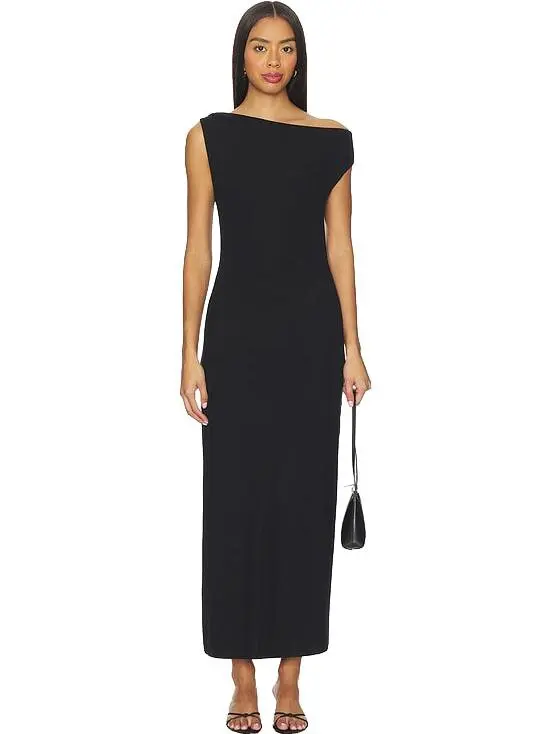 LESET Lauren Ruched Asymmetrical Shoulder Dress - Black