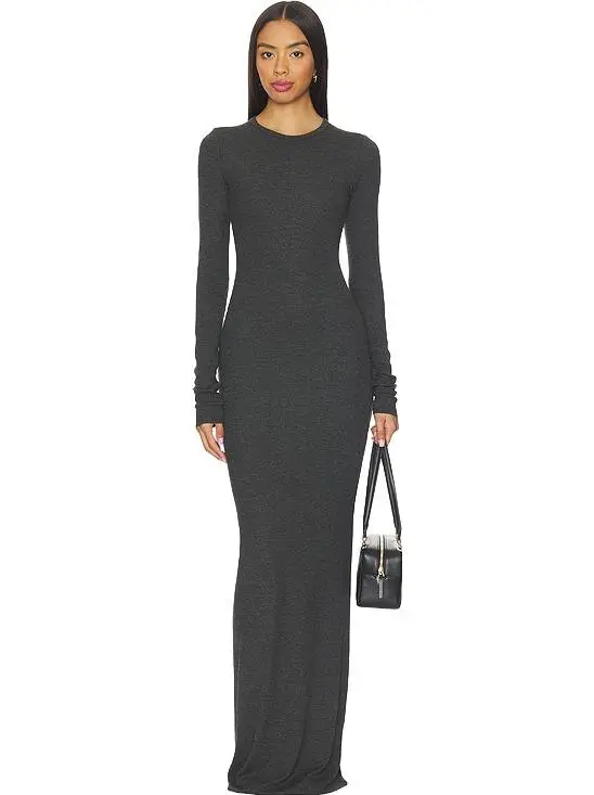 Eterne Long Sleeve Crewneck Rib Maxi Dress - Heather Charcoal