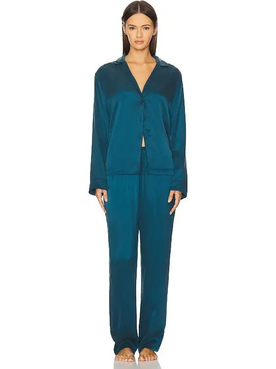 Lunya Washable Silk Piped Long Sleeve Pant Set - Piquant Teal & Lazing Navy