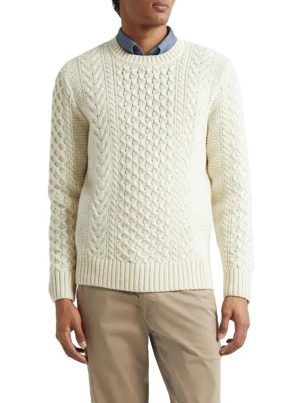 Sunspel Cable Knit Merino Wool Crewneck Sweater - Ecru