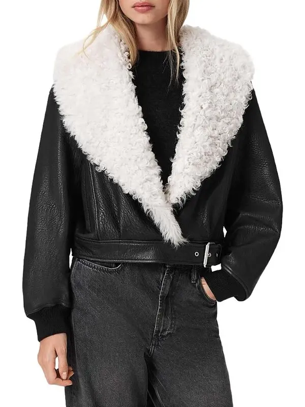 ALLSAINTS Libra Shearling Collar Bomber Jacket - Black/off White