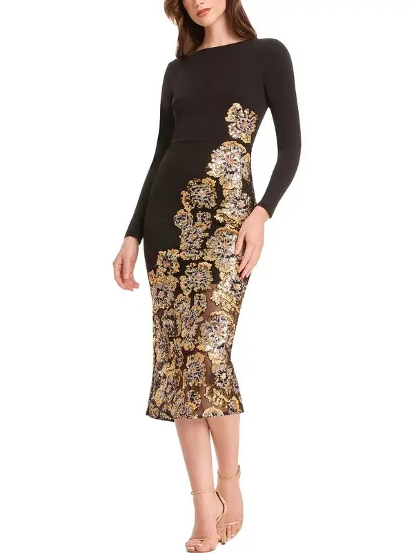 Dress The Population Mara Sequin Long Sleeve Midi Dress - Gold Multi