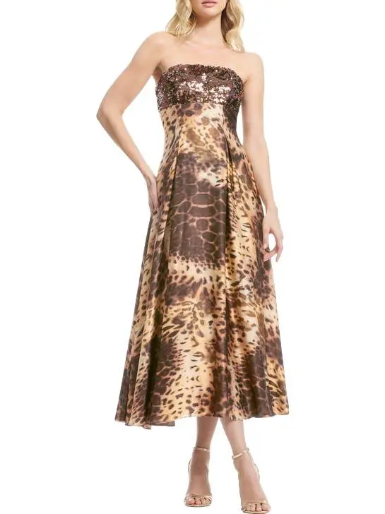 Dress The Population Miranda Sequin Strapless Gown - Leopard Multi