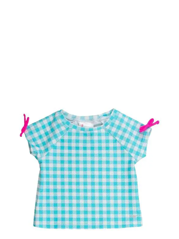 RUFFLEBUTTS Upf 50+ Active Raglan Bow T-shirt - Bright Aqua Gingham