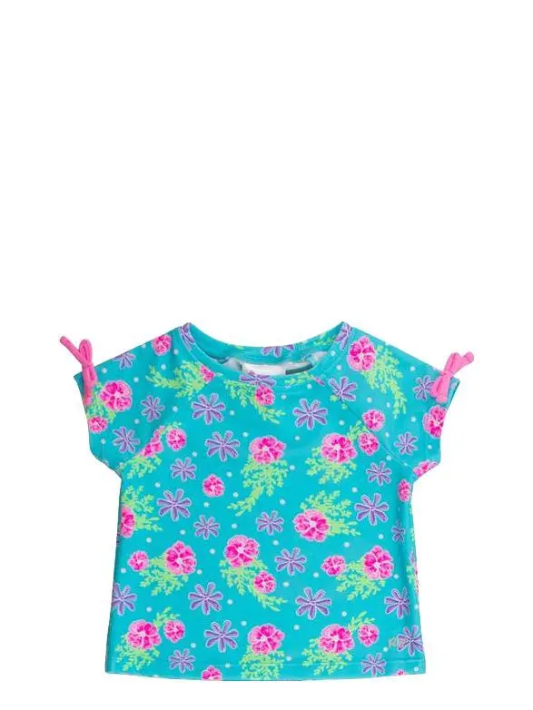 RUFFLEBUTTS Upf 50+ Active Raglan Bow T-shirt - Neon Happy Hibiscus