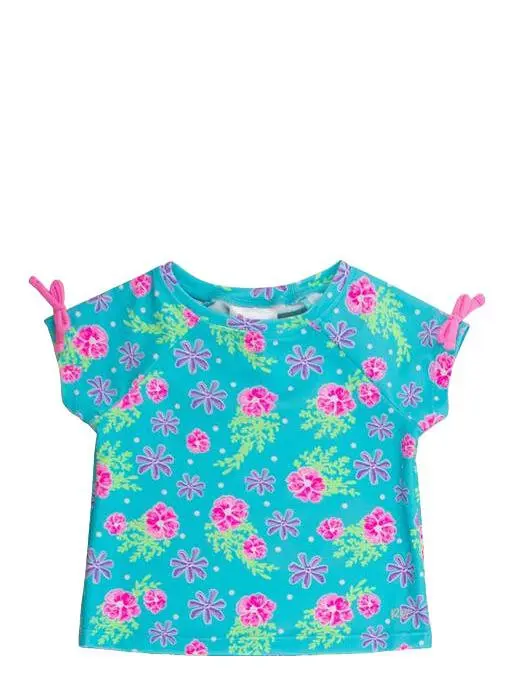 RUFFLEBUTTS Upf 50+ Active Raglan Bow T-shirt - Neon Happy Hibiscus