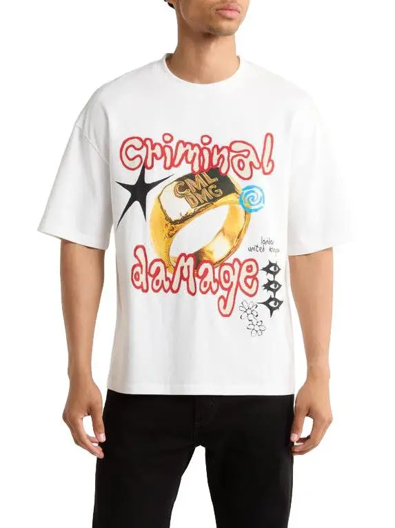 CRIMINAL DAMAGE Signet Ring Cotton Graphic T-shirt - Off White