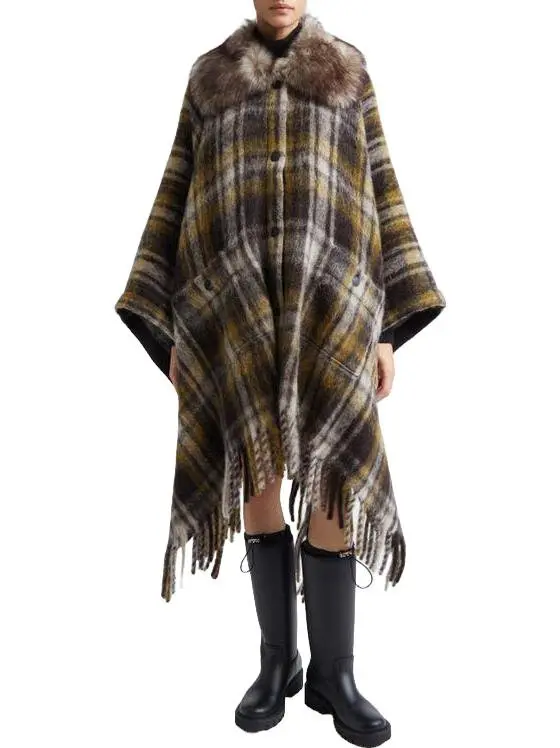 Moncler Plaid Felt Cape With Genuine Shearling Collar - Neutral