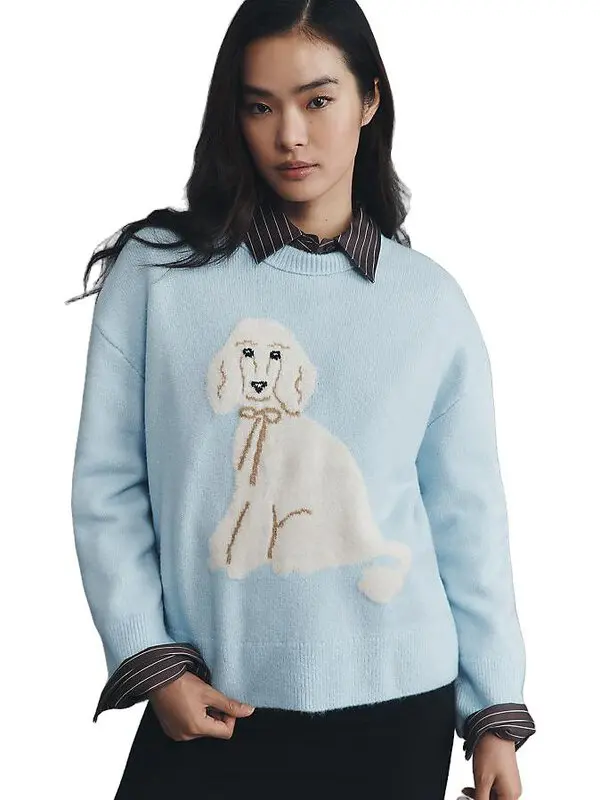 Maeve Crew-neck Dog Icon Pullover Sweater - Light Blue Poodle