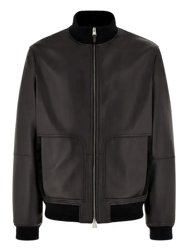 Canali Lambskin Bomber Jacket With High Neck - Black