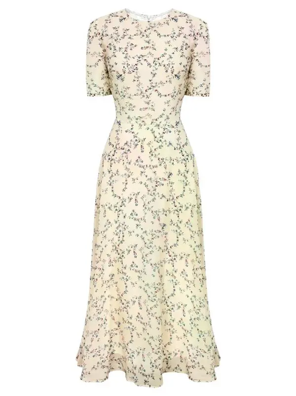 POST MERIDIEM Floral Puff Sleeve Midi Dress - Neutrals