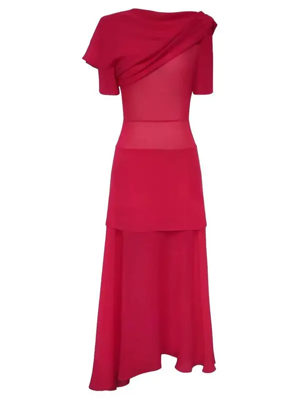 POST MERIDIEM Asymmetrical Draped Midi Dress - Red