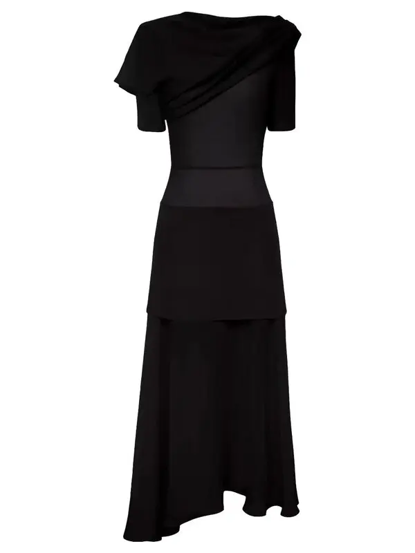 POST MERIDIEM Asymmetrical Draped Midi Dress - Black