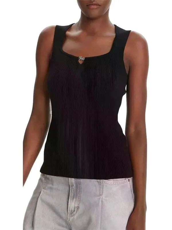 BOSS Ribbed Knit Top With Appliqu - Black