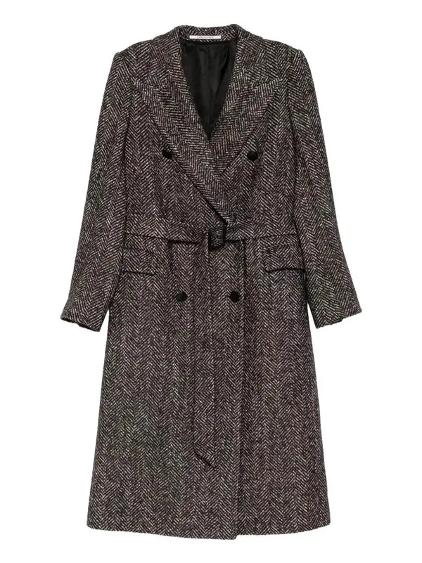 Tagliatore Herringbone Double-breasted Belted Coat - Grey