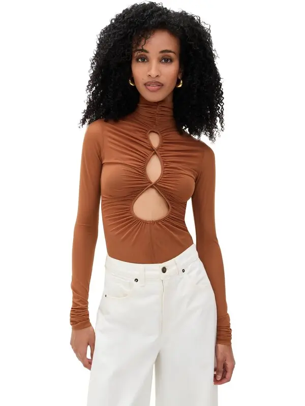 ANDREA IYAMAH Salle Mesh Thong Bodysuit - Camel