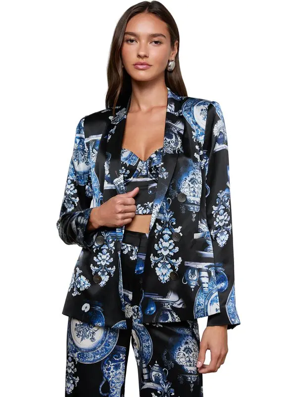 L'Agence Colin Silk Printed Blazer - Black/blue Large Porcelain