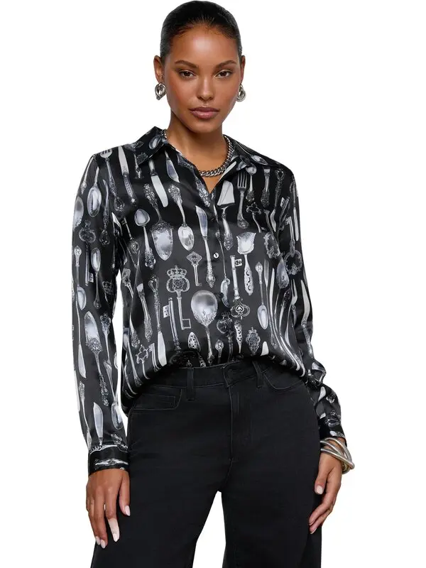 L'Agence Tyler Silk Printed Blouse - Black Multi Silverware