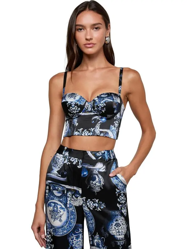 L'Agence Sonya Printed Silk Bustier - Black/blue Small Porcelain Print