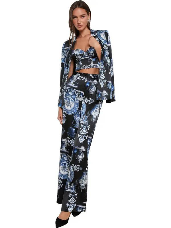 L'Agence Pilar Silk Wide-leg Trousers - Black/blue Large Porcelain