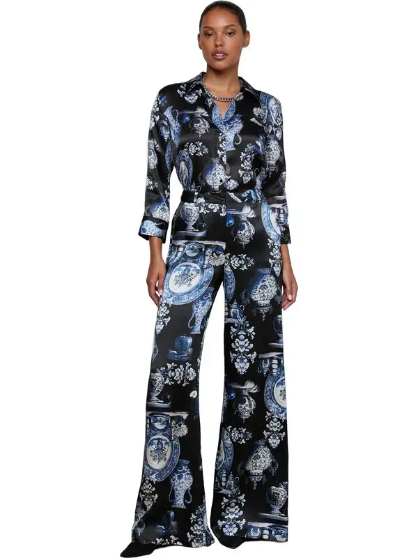 L'Agence Pilar Silk Wide-leg Trousers - Black/blue Large Porcelain
