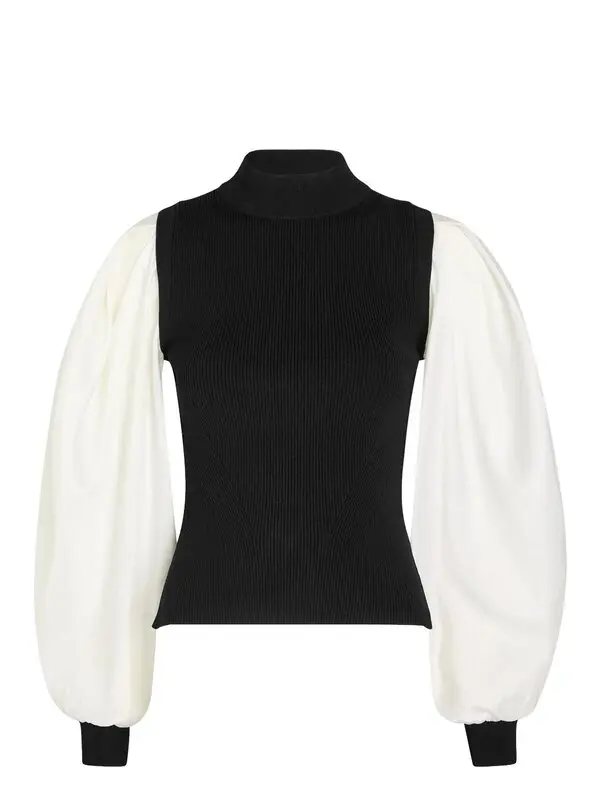 Simkhai Jackie Satin Sleeve Ribbed-knit Top - Black And White