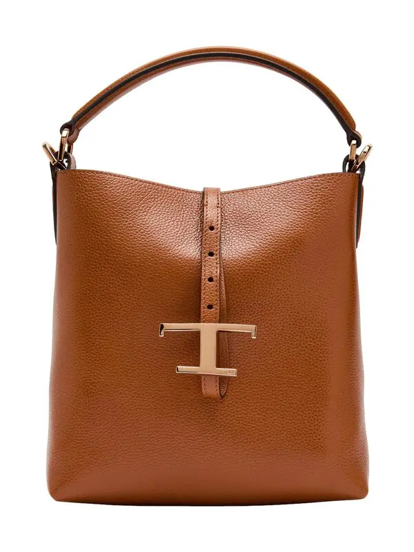 TOD'S T-plaque Grained Leather Top Handle Bag - Tan