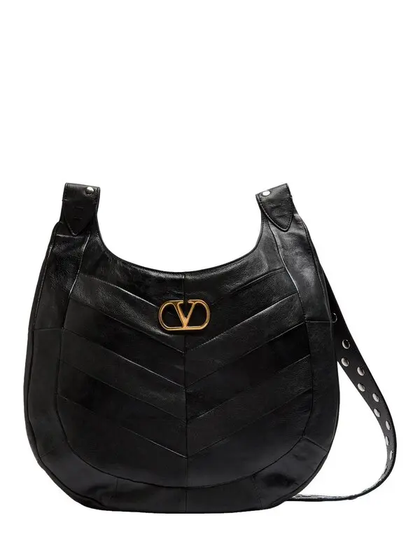 Valentino Garavani Logo-plaque Chevron Leather Hobo Bag - Black