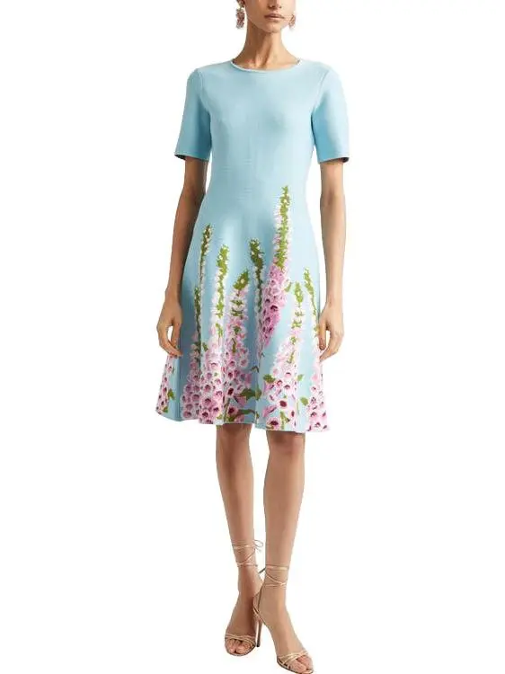 Oscar De La Renta Foxglove Jacquard Knit Fit & Flare Dress - Lilac/sky