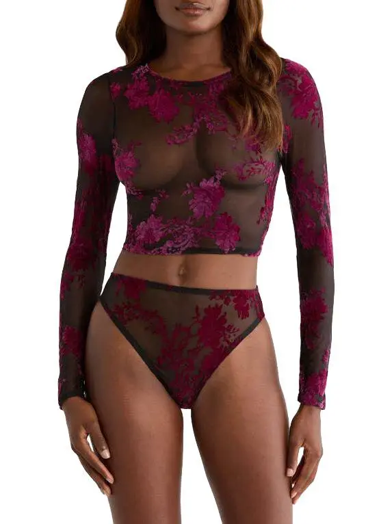 KILO BRAVA Floral Flocked Long Sleeve Crop Top - Black-boysenberry