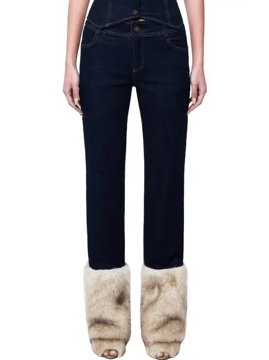 OW Straight-leg Jeans With Faux Fur Cuffs - Dark Blue