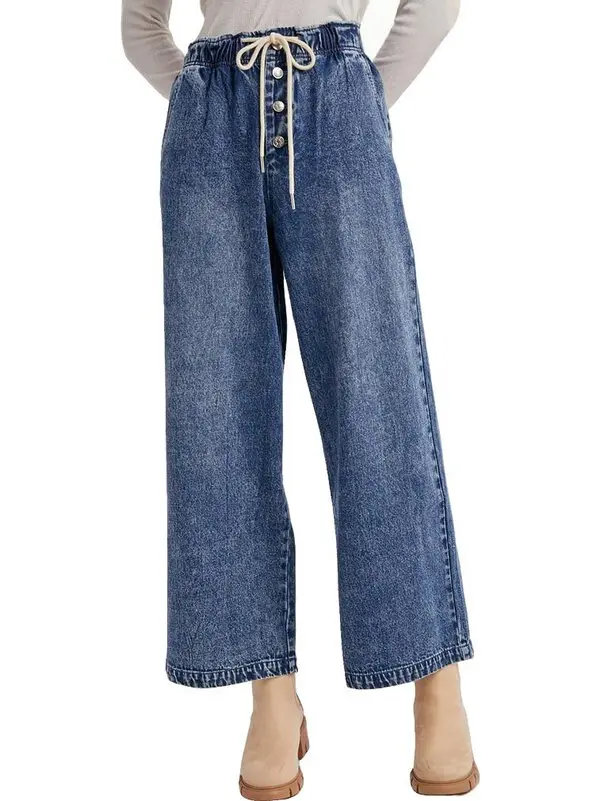 KNIT & LOUNGE Wide-leg Drawstring Denim Pants - Denim Blue