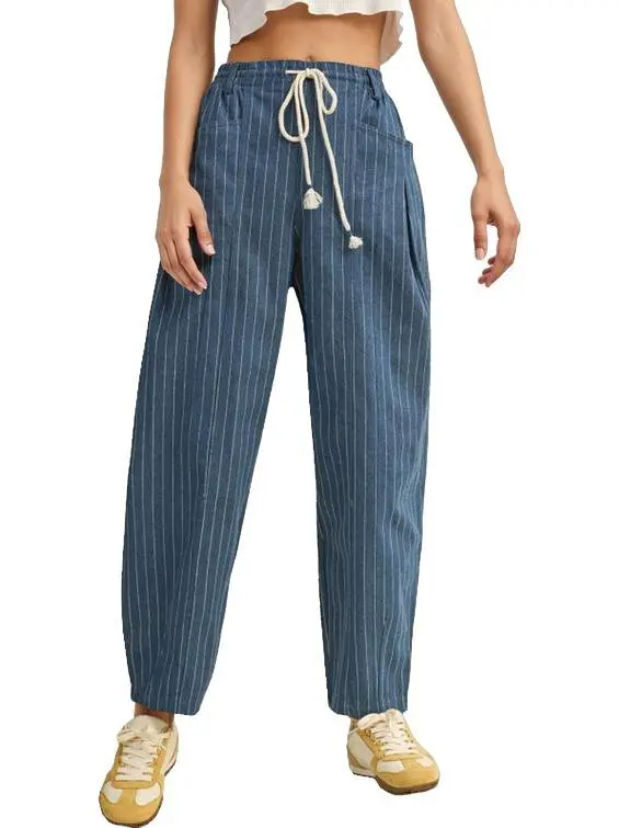 KNIT & LOUNGE Striped Drawstring Denim Pants - Blue