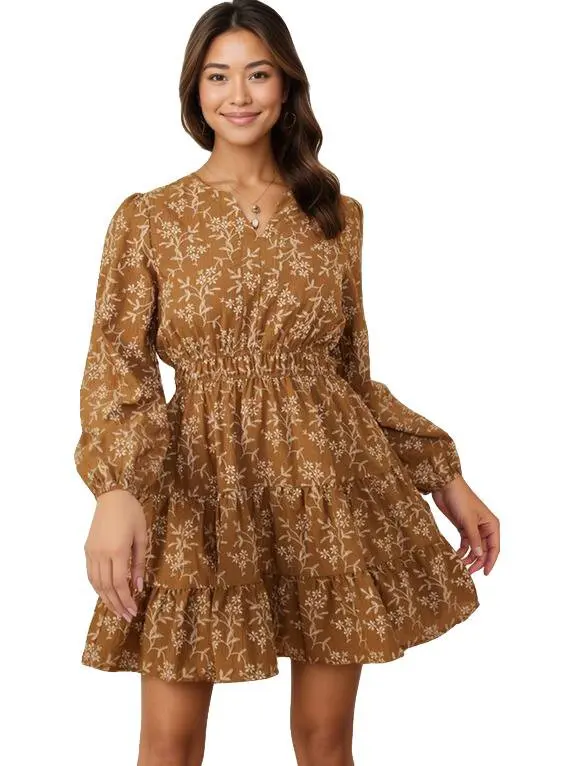 KNIT & LOUNGE Long Sleeve Smocked Tiered Mini Dress - Brown Floral Print
