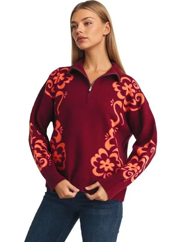 KNIT & LOUNGE Floral Quarter-zip Knit Sweater - Burgundy Floral