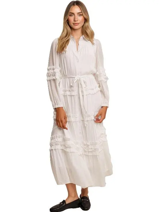 KNIT & LOUNGE Long Sleeve Ruffle Tiered Maxi Shirt Dress - White